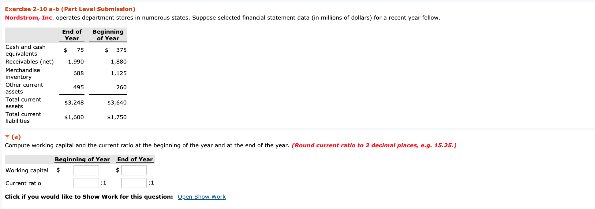 Solved Exercise 2-10 a-b (Part Level Submission) Nordstrom, | Chegg.com