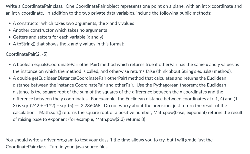 Solved Write a CoordinatePair class. One CoordinatePair | Chegg.com