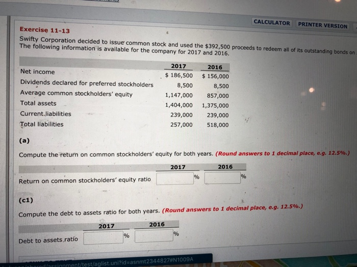 Solved CALCULATOR PRINTER VERSION Exercise 11-13 Swifty | Chegg.com