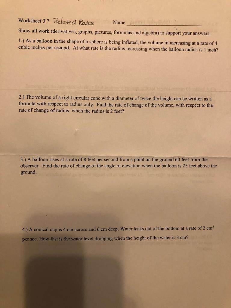 Solved Worksheet 3.7 Related Rates Name Show all work | Chegg.com
