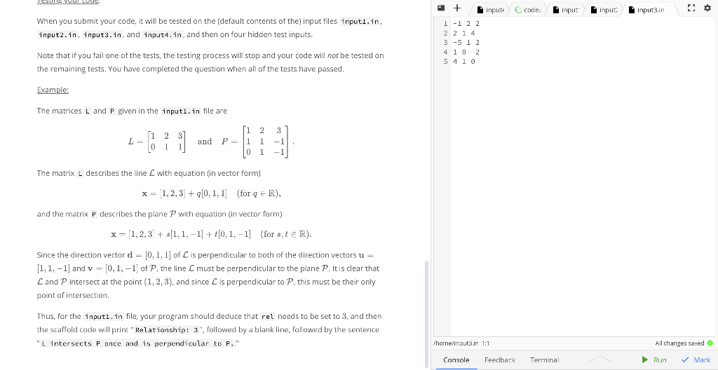 Question 4: Lines and planes input4.icode.m 1 fflush | Chegg.com