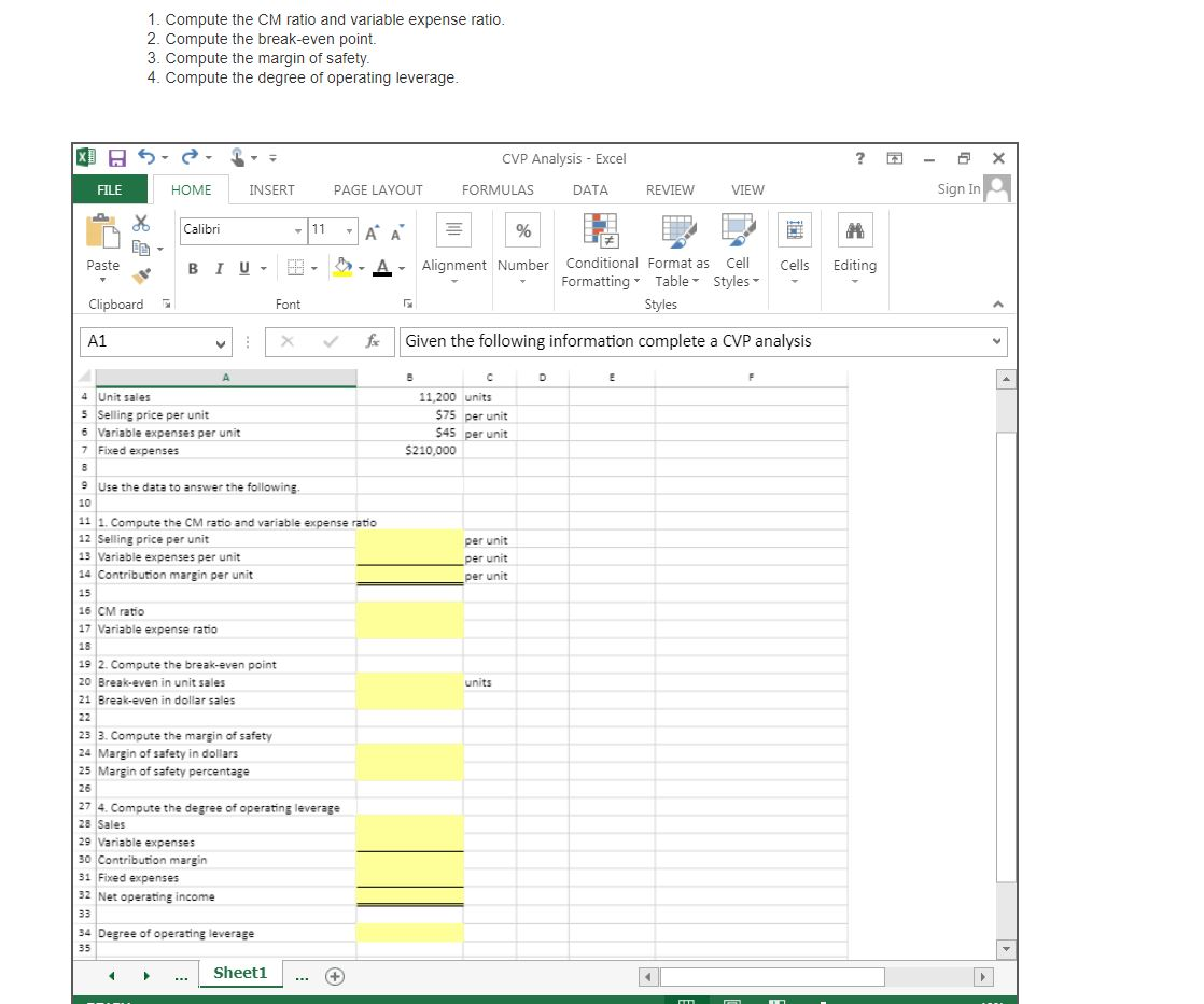 Solved 1. Compute the CM ratio and variable expense ratio. | Chegg.com