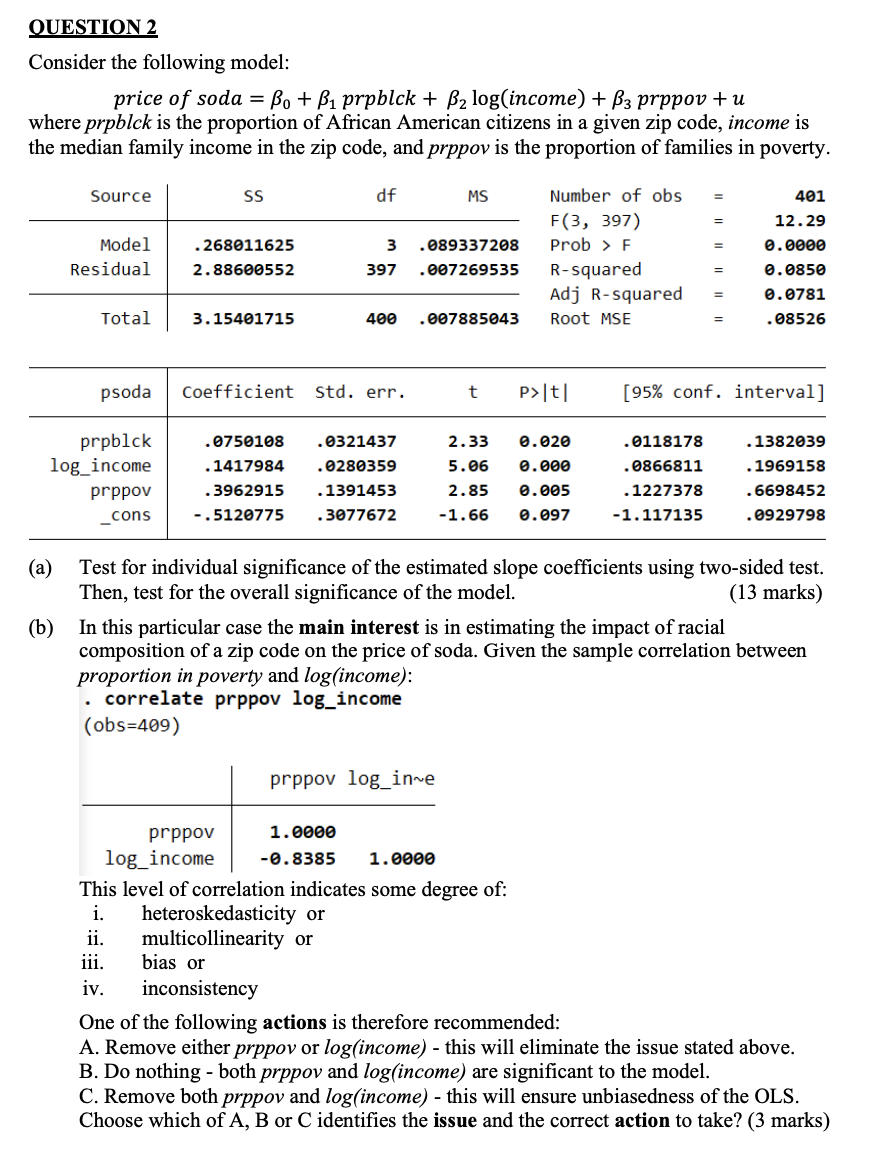 OUESTION 2 Consider the following model: price of | Chegg.com