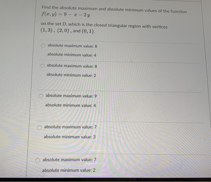 Solved Find the absolute maximum and absolute minimum values | Chegg.com