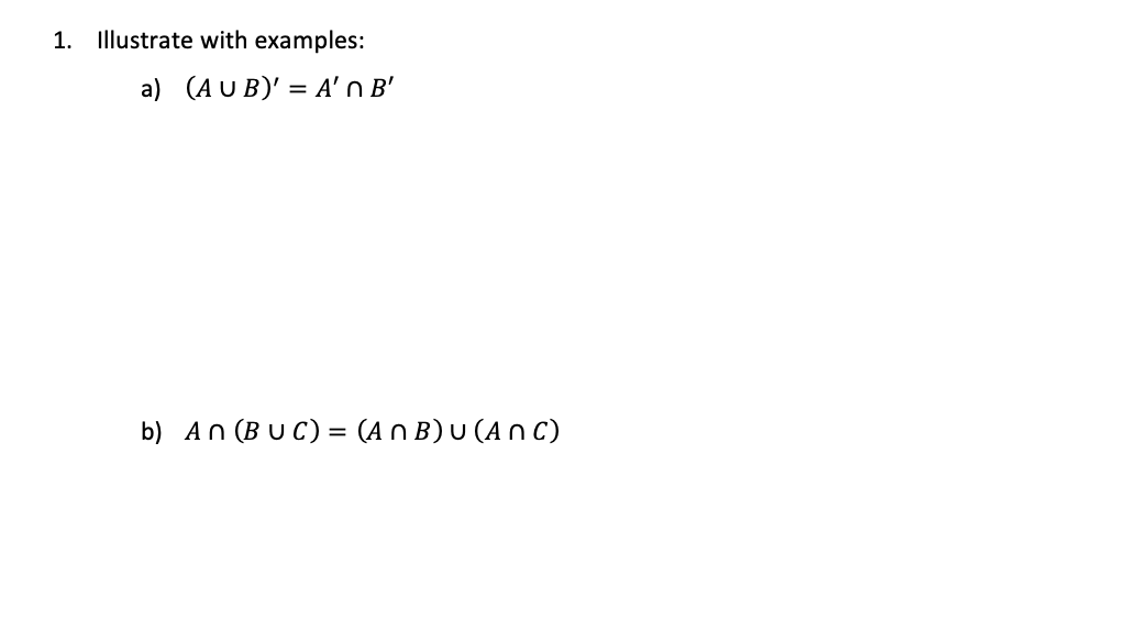 Solved 1. Illustrate with examples: a) (AUB)' = A' B' b) An | Chegg.com