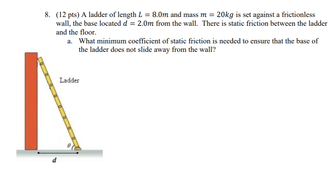 Solved 8. (12 pts) A ladder of length L = 8.0m and mass m = | Chegg.com