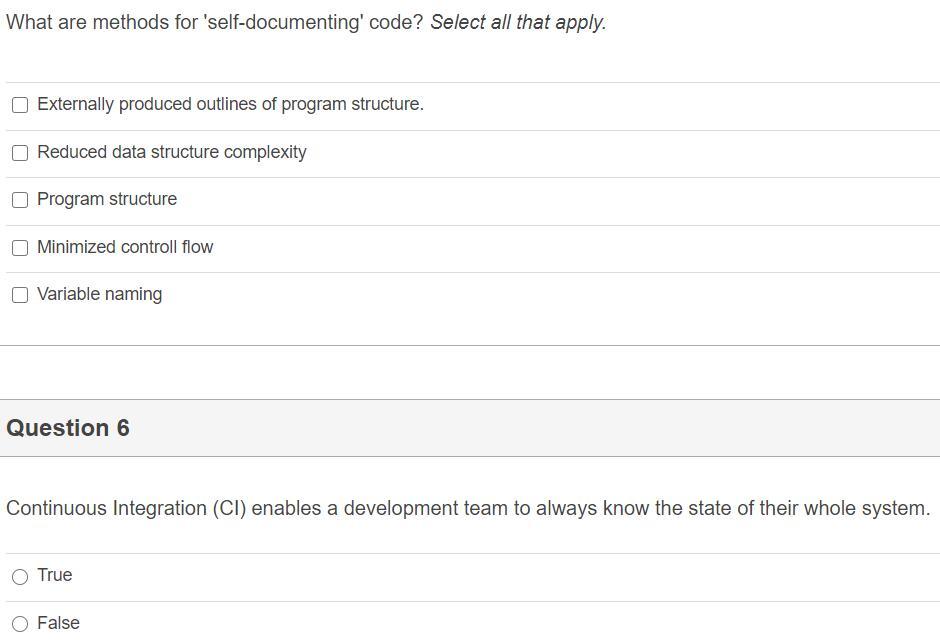 Solved What are methods for 'self-documenting' code? Select | Chegg.com