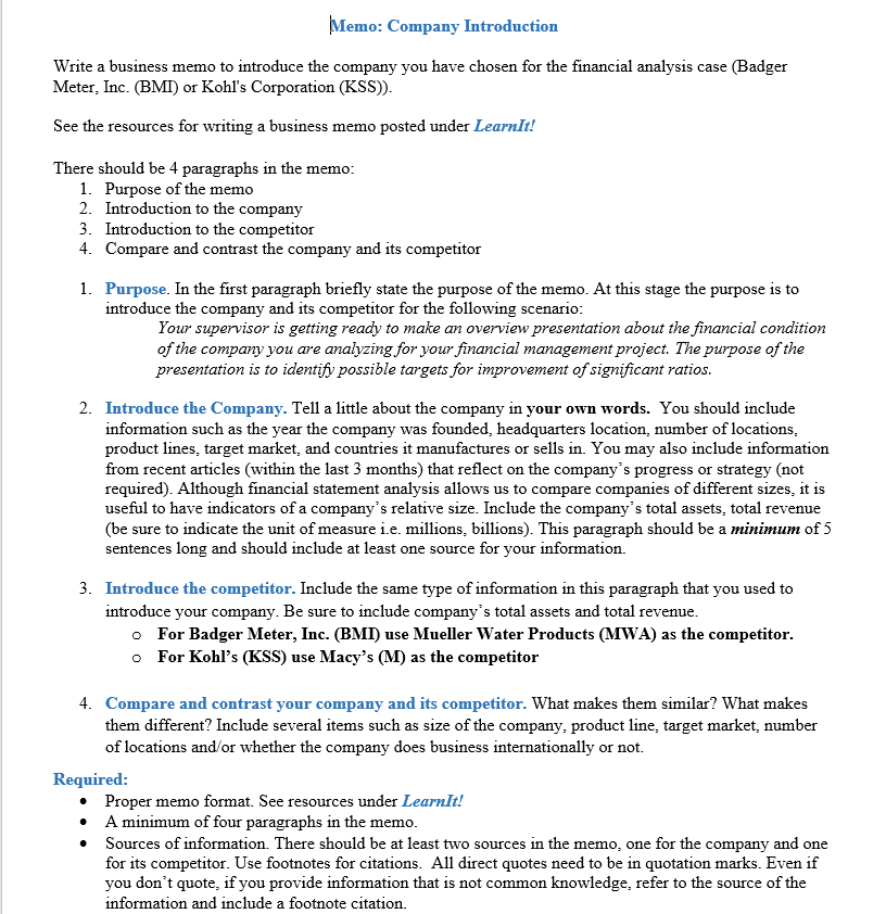 Write a memo to introduce the company you have chosen | Chegg.com