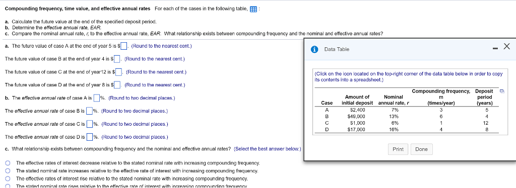 Solved Compounding frequency, time value, and effective | Chegg.com