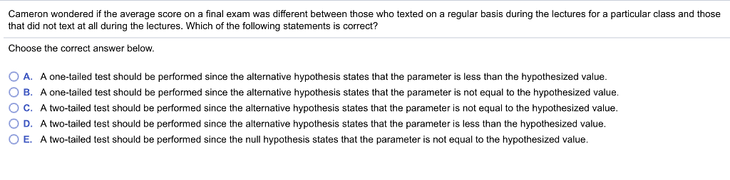 Solved Cameron wondered if the average score on a final exam | Chegg.com