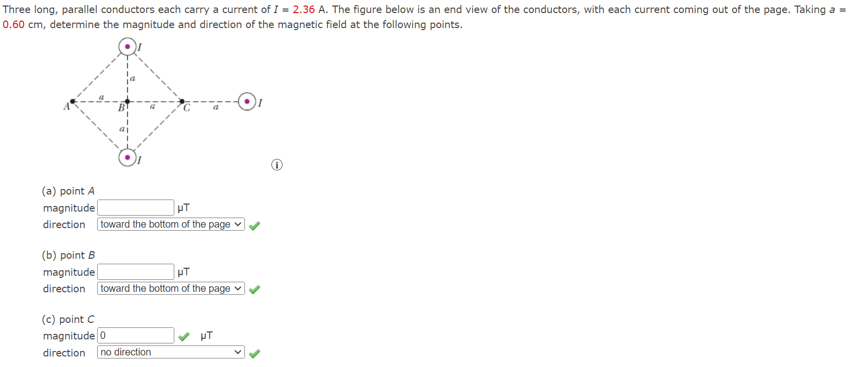 Solved hree long, parallel conductors each carry a current | Chegg.com