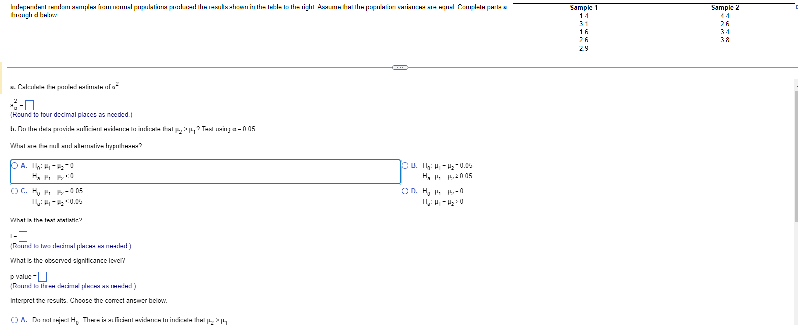 Solved a. Calculate the pooled estimate of σ2. sp2= (Round | Chegg.com