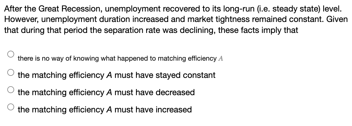 Solved After the Great Recession, unemployment recovered to | Chegg.com
