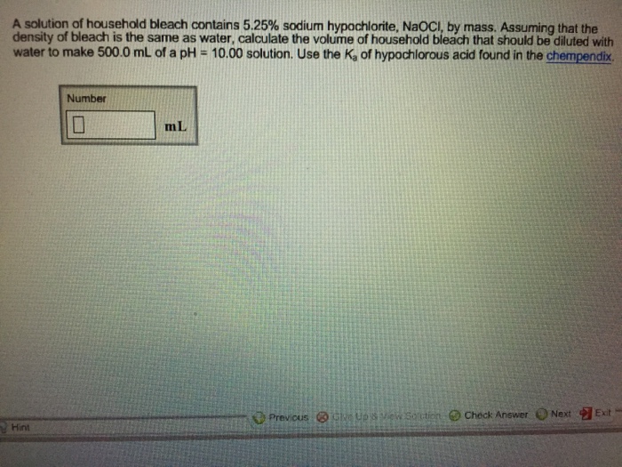 Solved A solution of household bleach contains 5.25% sodium | Chegg.com