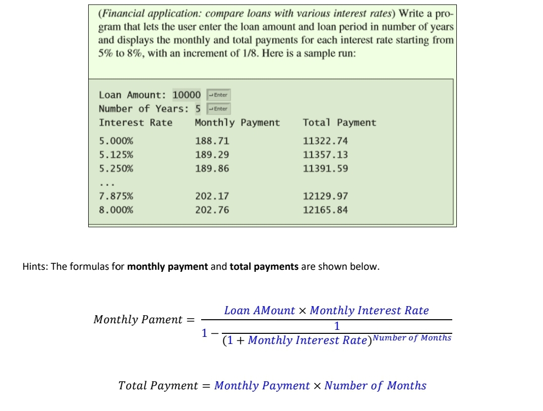 Solved (Financial application: compare loans with various | Chegg.com