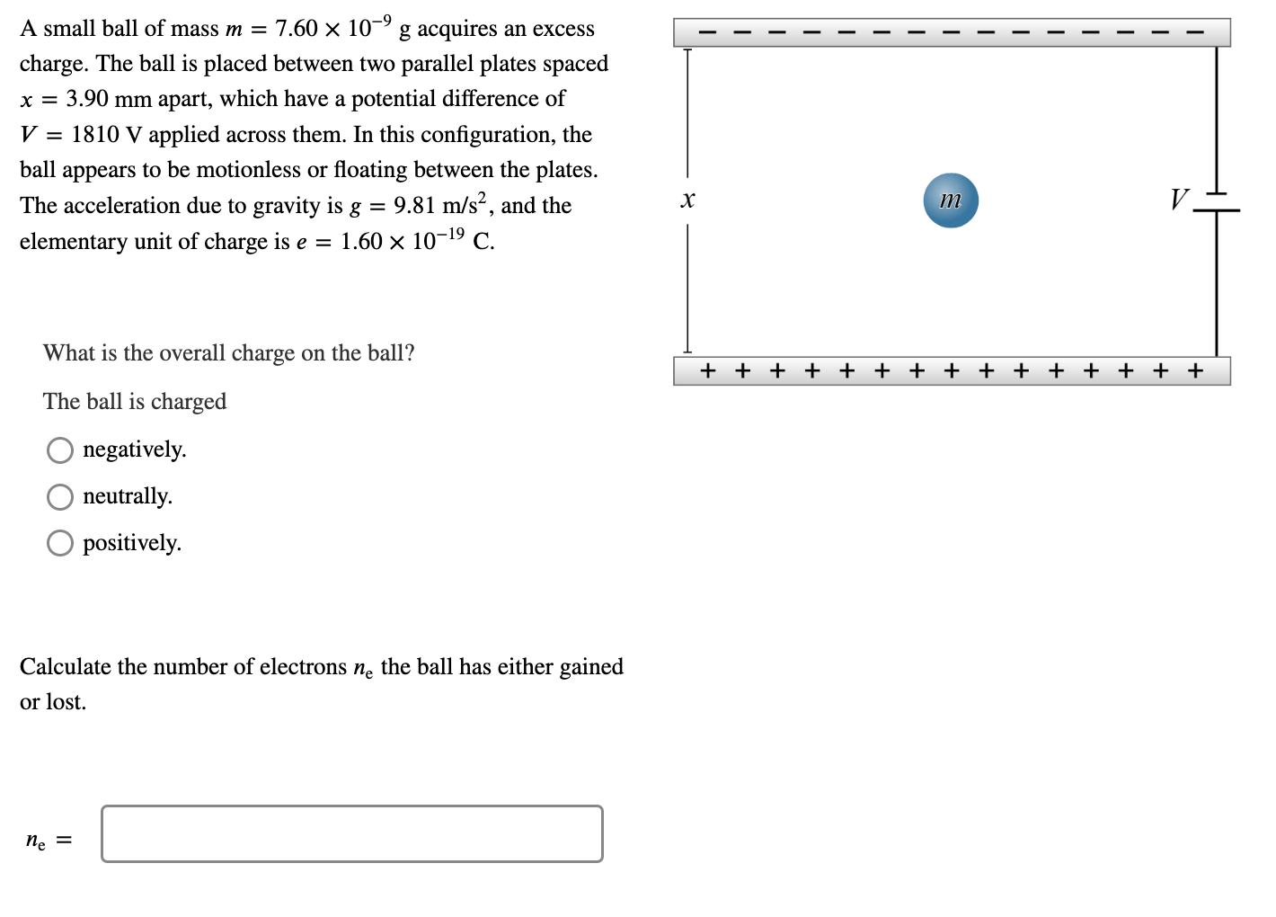 Solved A small ball of mass m=7.60×10−9 g acquires an excess | Chegg.com