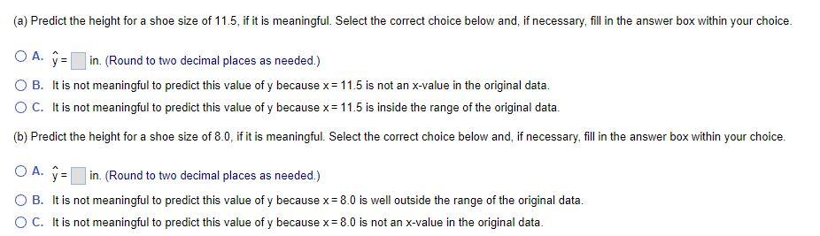 Solved The accompanying data are the shoe sizes and heights | Chegg.com