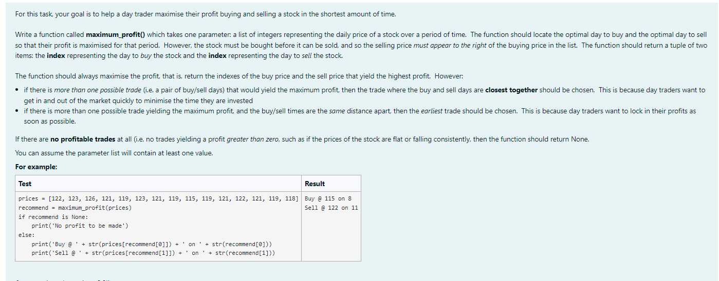 Solved For this task, your goal is to help a day trader | Chegg.com
