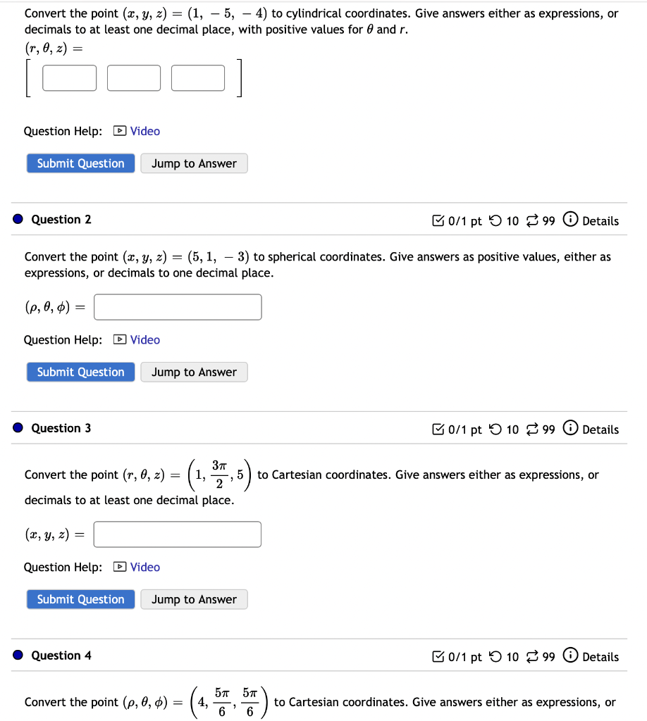 Solved Convert the point (x,y,z)=(1,−5,−4) to cylindrical | Chegg.com