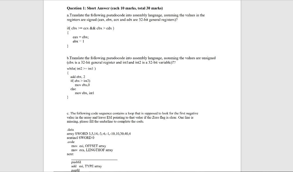 Solved Question 1: Short Answer (each 10 marks, total 30 | Chegg.com