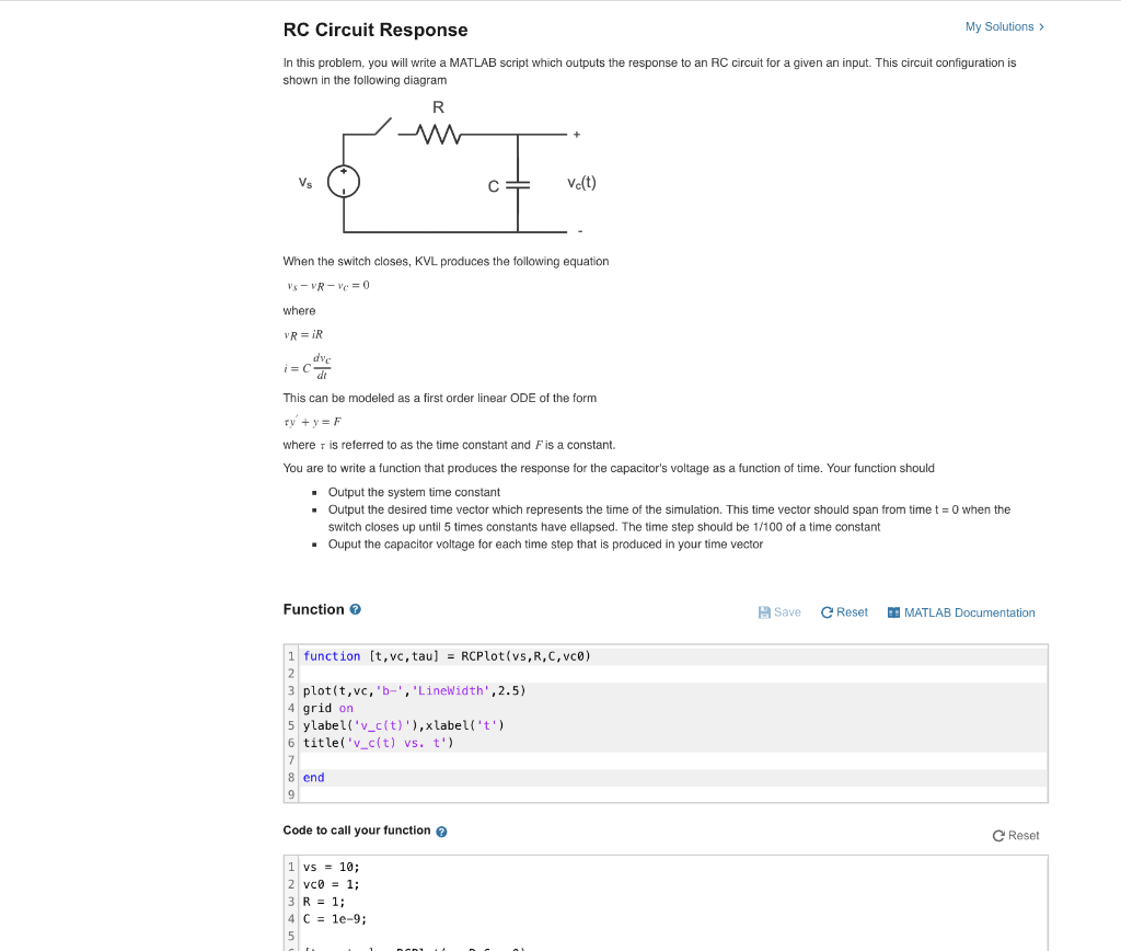 please help with RC and RLC circuit using matlab | Chegg.com