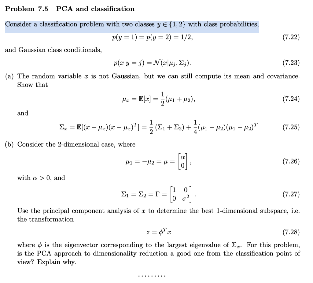 Problem 7.5 PCA and classification Consider a | Chegg.com