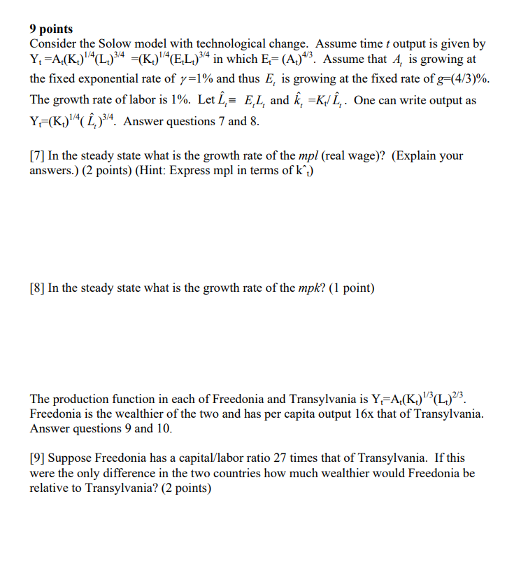 Solved 9 points Consider the Solow model with technological | Chegg.com
