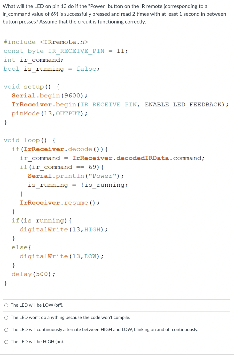 Solved ir_command value of 69) is successfully pressed and | Chegg.com