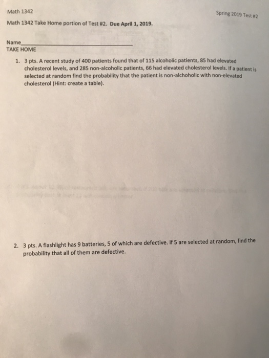 Math 1342 Spring 2019 Test #2 Math 1342 Take Home | Chegg.com
