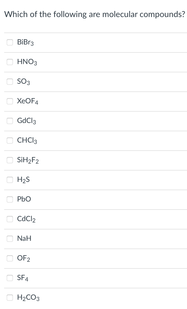 Solved Which of the following are molecular compounds? | Chegg.com