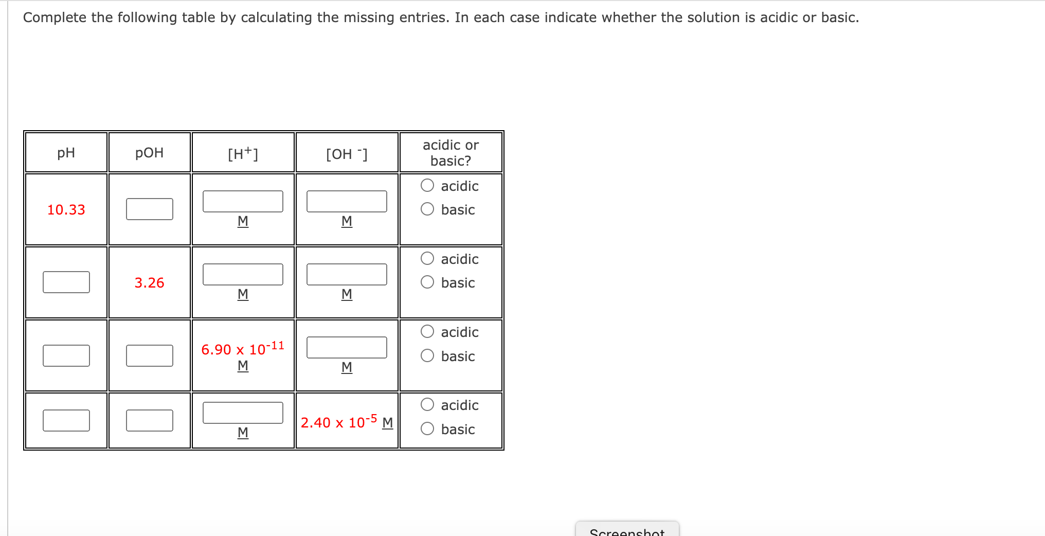Solved Complete the following table by calculating the | Chegg.com