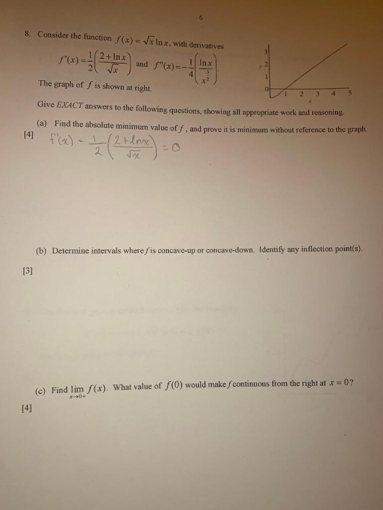 Solved 8. Consider the function f(x)=xlnx, with derivatives | Chegg.com