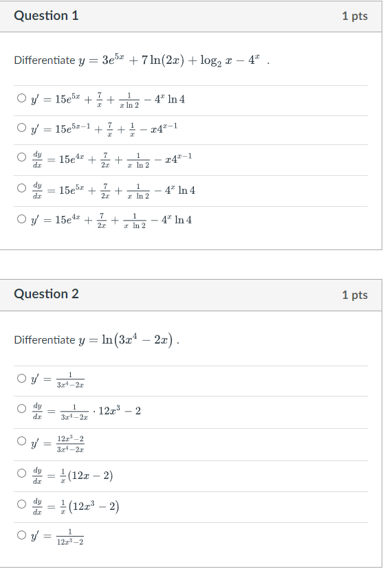 Solved Differentiate y=3e5x+7ln(2x)+log2x−4x. | Chegg.com