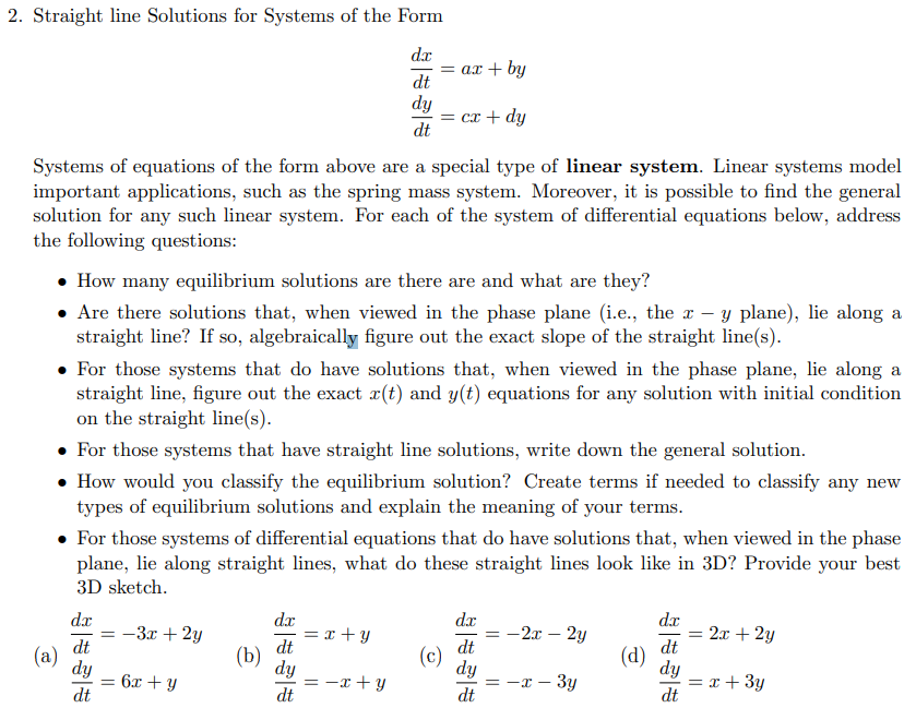 Solved 2. Straight line Solutions for Systems of the Form dc | Chegg.com