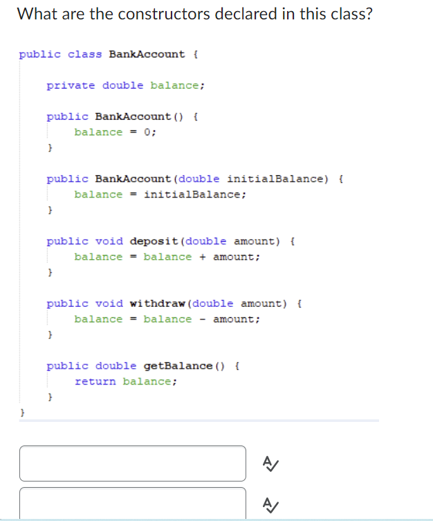 Solved What are the constructors declared in this class? | Chegg.com