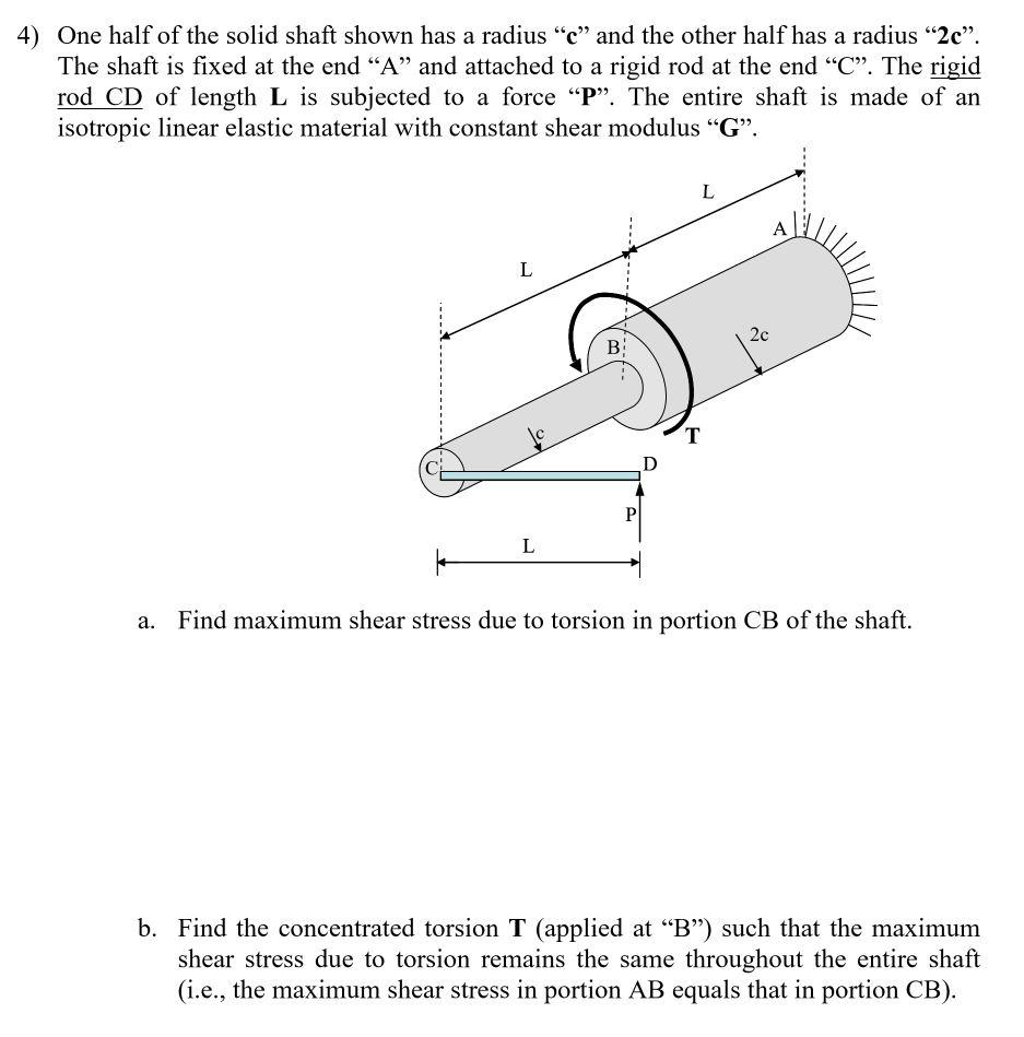 Solved 4) One half of the solid shaft shown has a radius "c" | Chegg.com