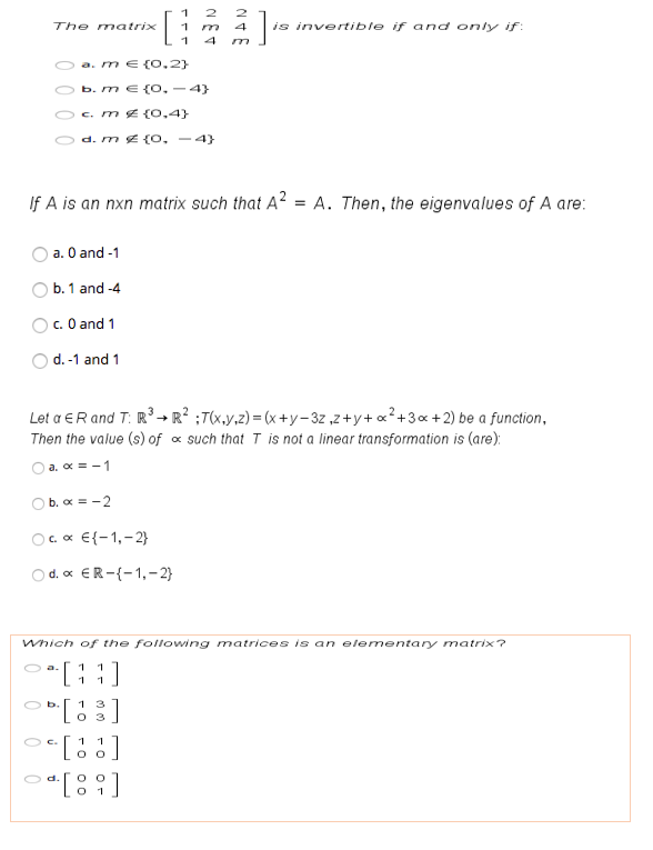Solved The matrix m ) is invertible if and only if L 14m | Chegg.com
