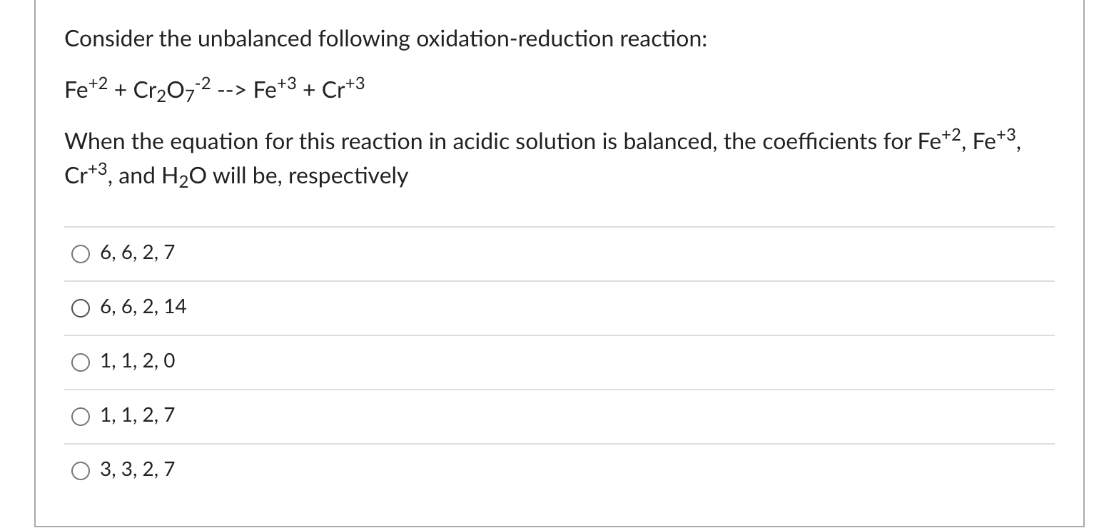 Solved Consider the unbalanced following oxidation-reduction | Chegg.com