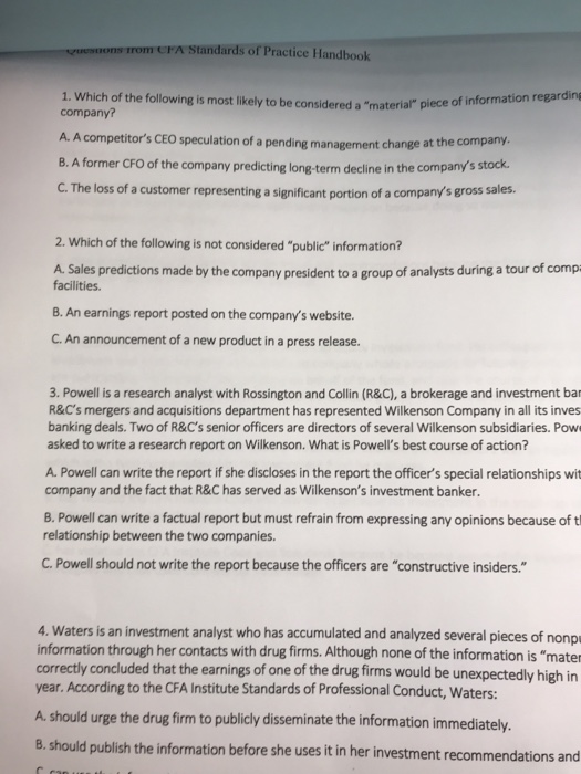 Solved esos trom CFA Standards of Practice Handbook 1. Which | Chegg.com
