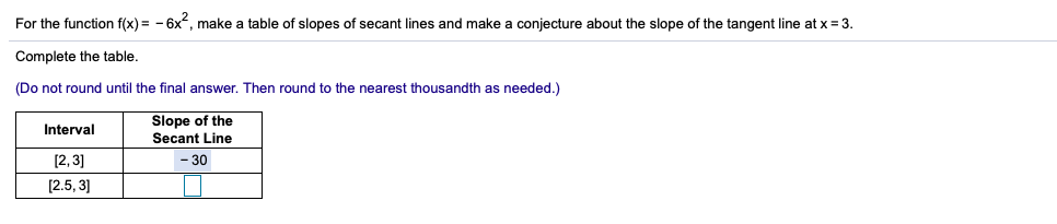 Solved For the function f(x) = - 6x, make a table of slopes | Chegg.com