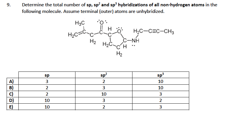 Solved 9. Determine the total number of sp, sp2 and sp3 | Chegg.com