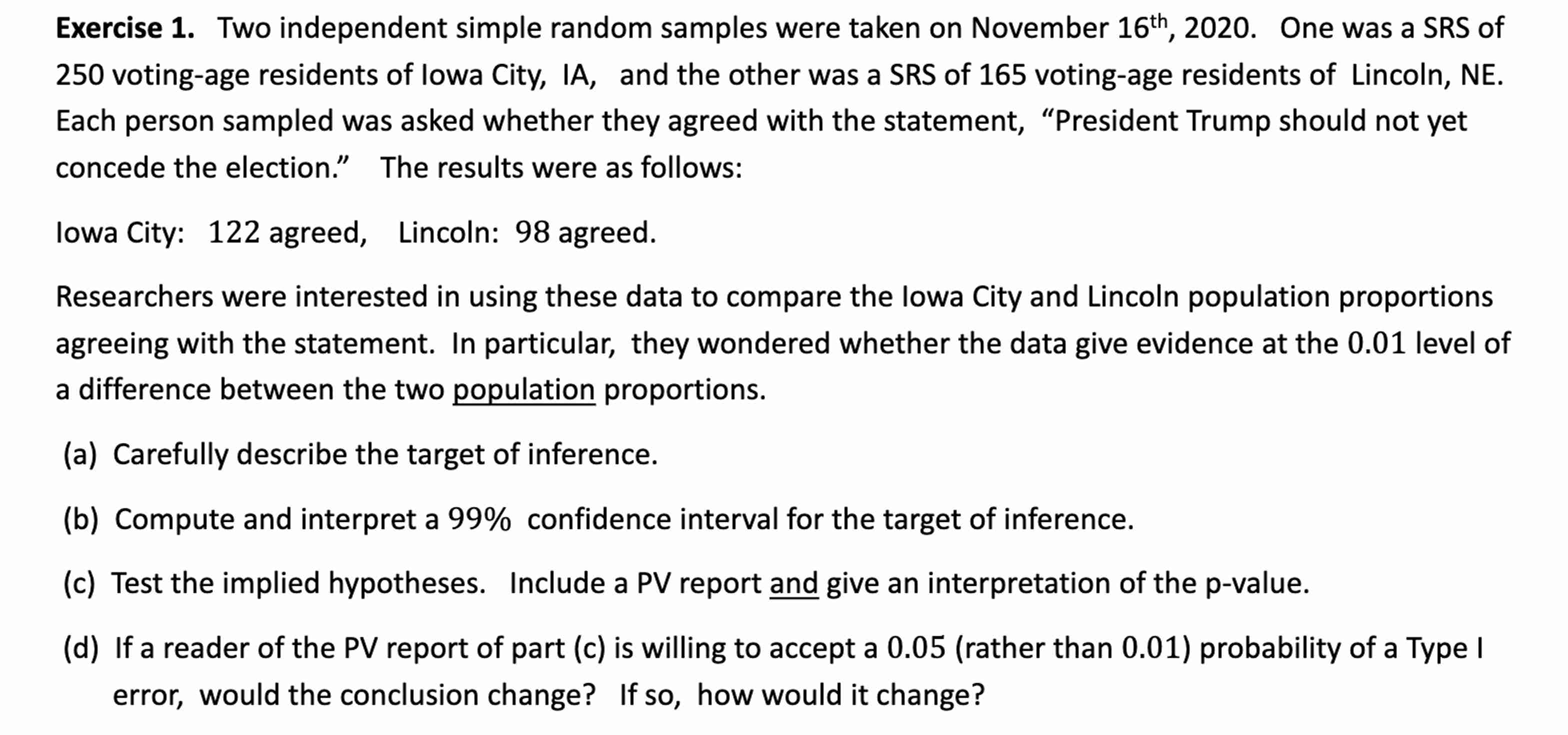 Solved Exercise 1. ﻿Two independent simple random samples | Chegg.com