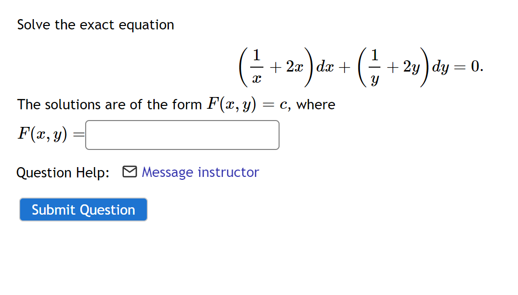 Solved Solve the exact equation (x1+2x)dx+(y1+2y)dy=0. The | Chegg.com