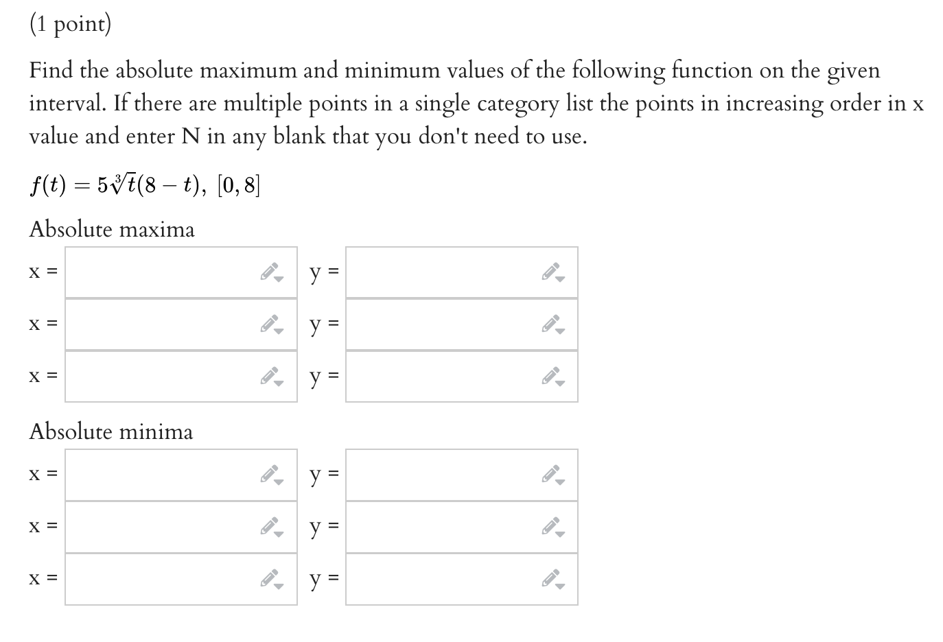 Solved (1 ﻿point)Find the absolute maximum and minimum | Chegg.com