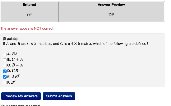 Solved Entered Answer Preview DE DE The answer above is NOT | Chegg.com