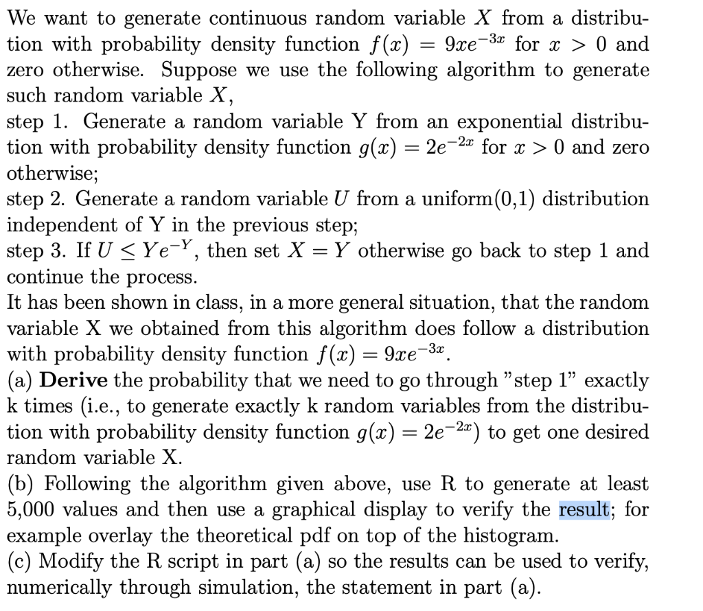 Solved = We want to generate continuous random variable X | Chegg.com