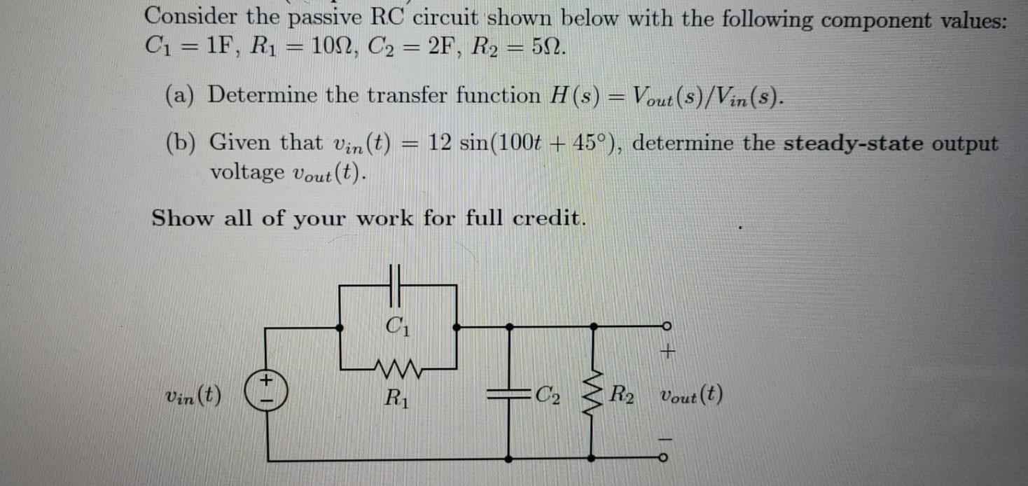Solved Consider the passive RC circuit shown below with the | Chegg.com