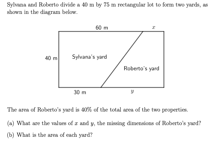 Solved Sylvana and Roberto divide a 40 m by 75 m rectangular | Chegg.com
