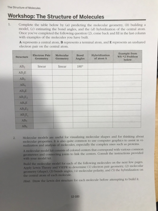 Solved The Structure of Molecules Workshop: The Structure of | Chegg.com
