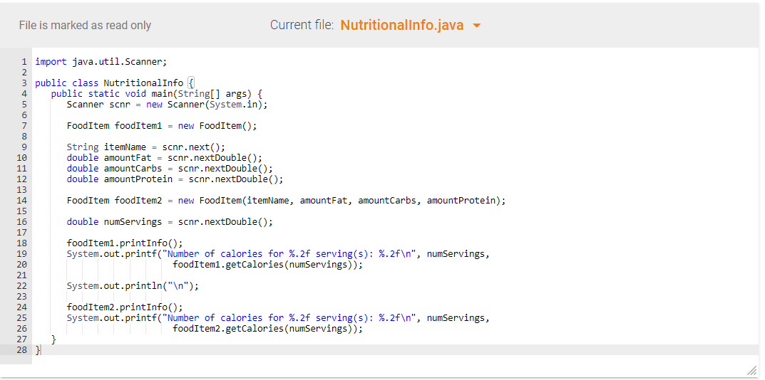 File Is Marked As Read Only Current File NutritionalInfo java 1 Import Java util Scanner 